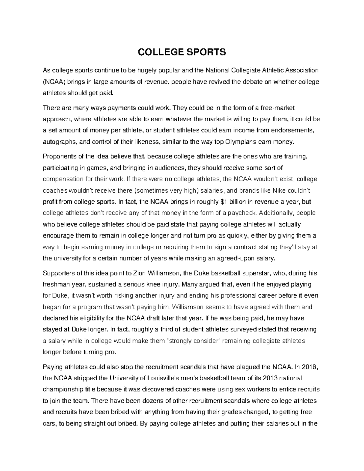 College Sports Argumentative Essay Sample (ENG 101) - Studocu