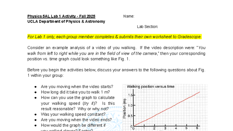 Physics 5AL Lab 1 Activity Analysis - Fall UCLA - Studocu
