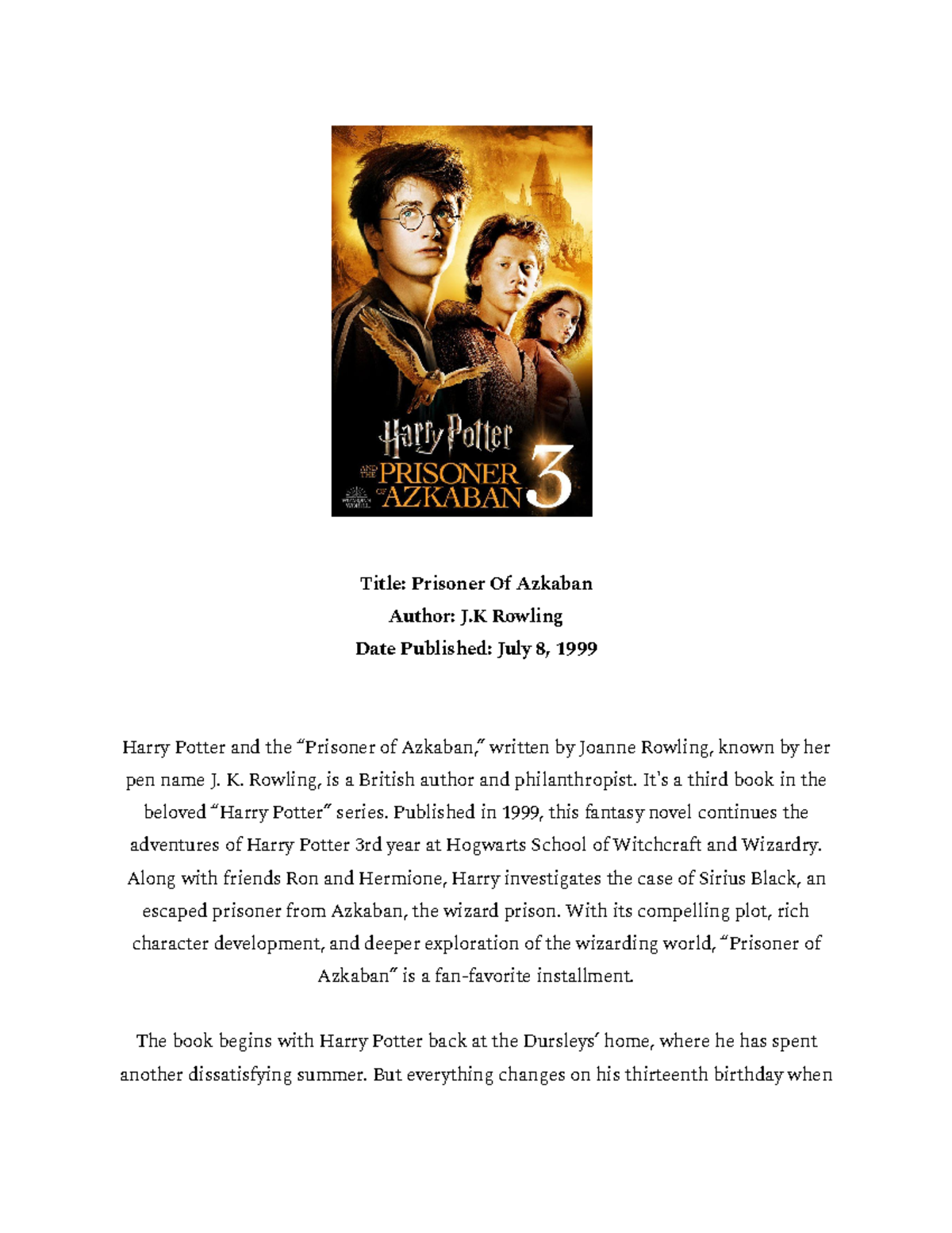 Book Review in Harry Potter - Title: Prisoner Of Azkaban Author: J ...