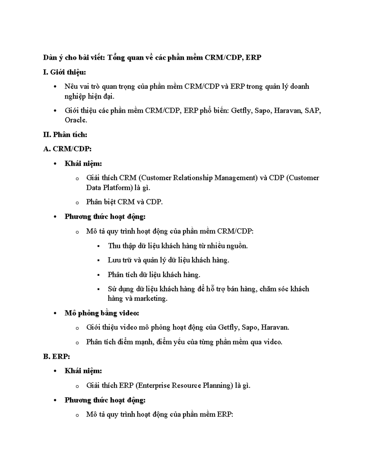 Phân Tích CRM/CDP và ERP: Dàn Ý Chi Tiết cho Bài Viết - Studocu