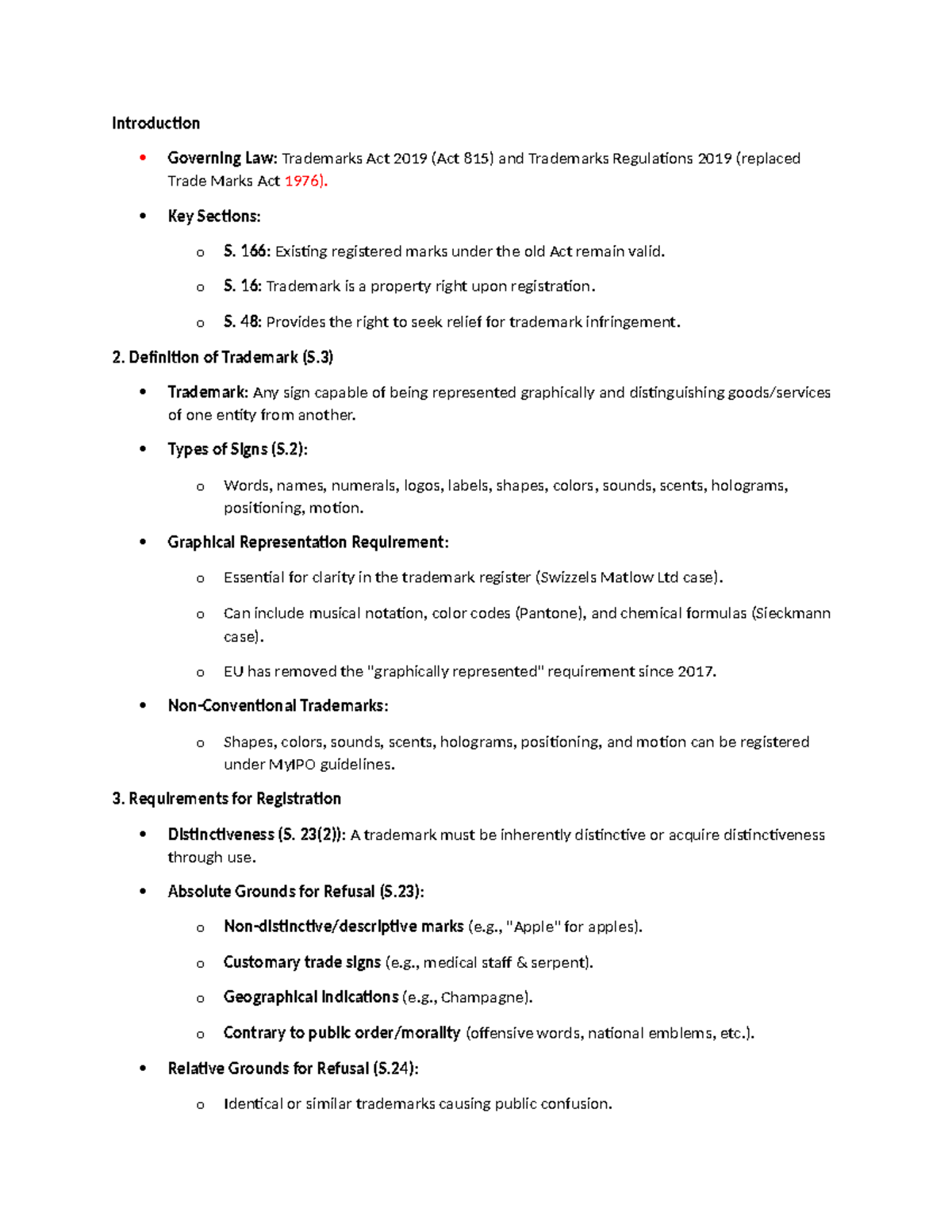 IPL Topics Final - Summary Jean Piaget - Introduction Governing Law: Trademarks Act 2019 (Act ...