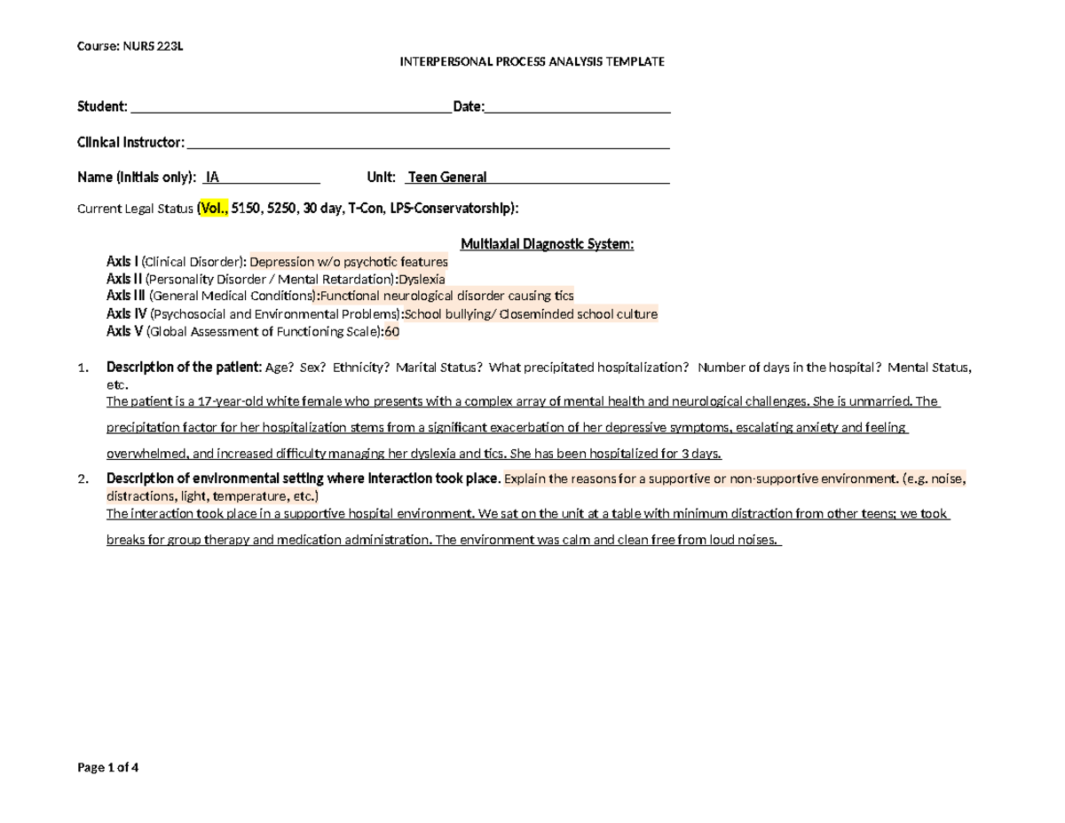 NURS 223L - Interpersonal Process Analysis Template & Patient Assessment - Studocu