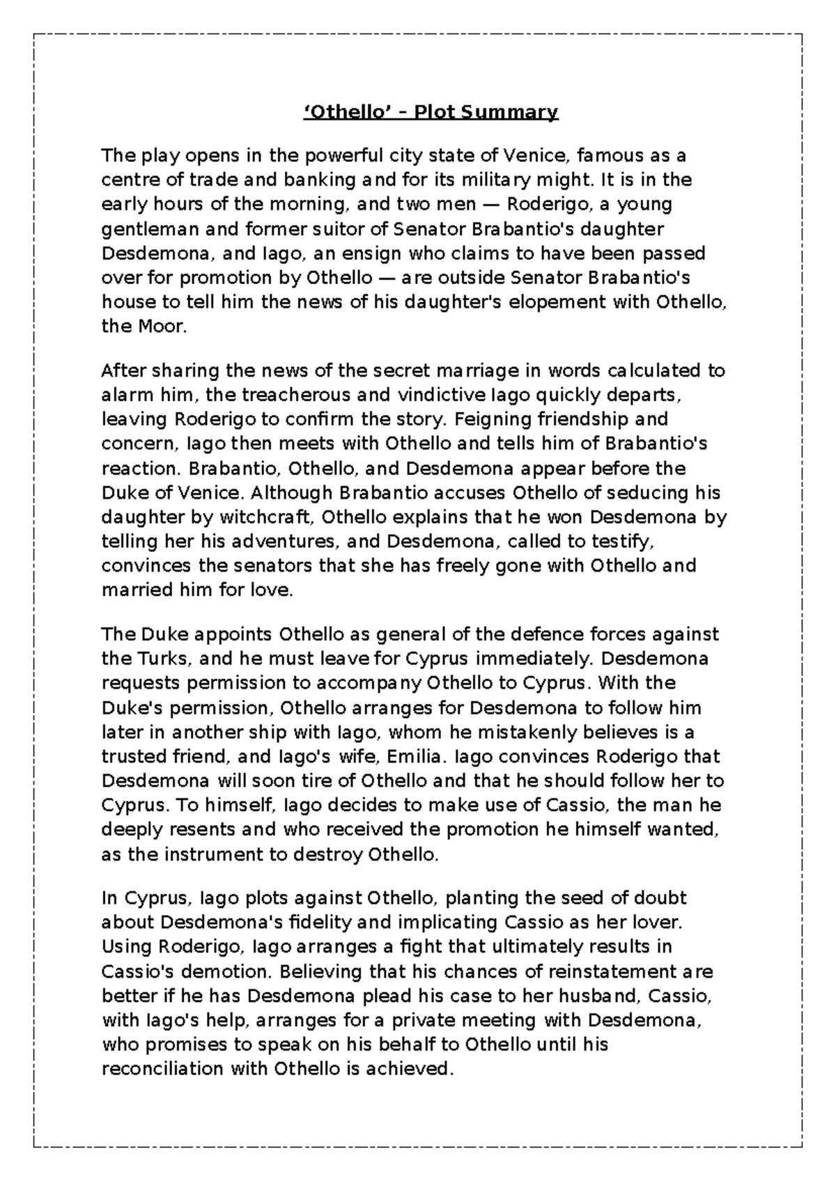 07. Othello Plot Summary - English Literature Analysis - Studocu