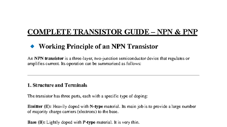 Transistor Fundamentals: NPN & PNP Working Principles - Studocu