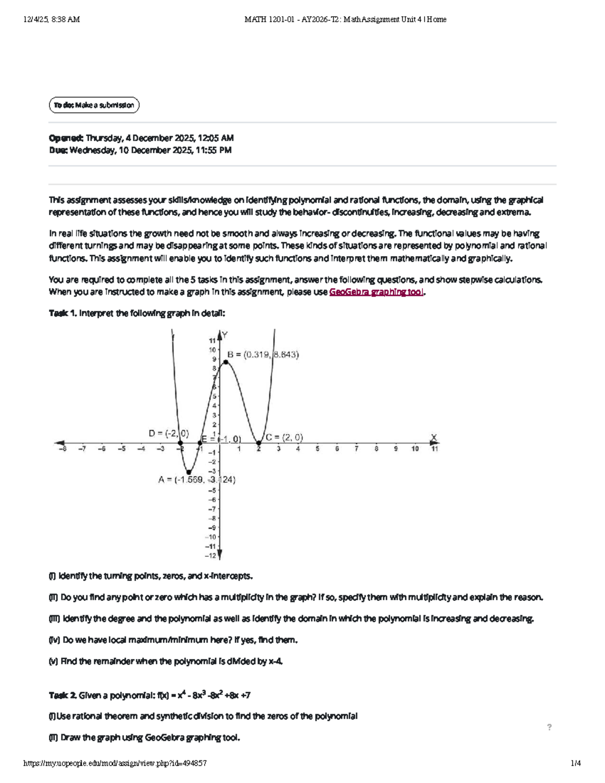 MATH 1201-01 - AY2026-T2 Math Assignment: Polynomial & Rational ...