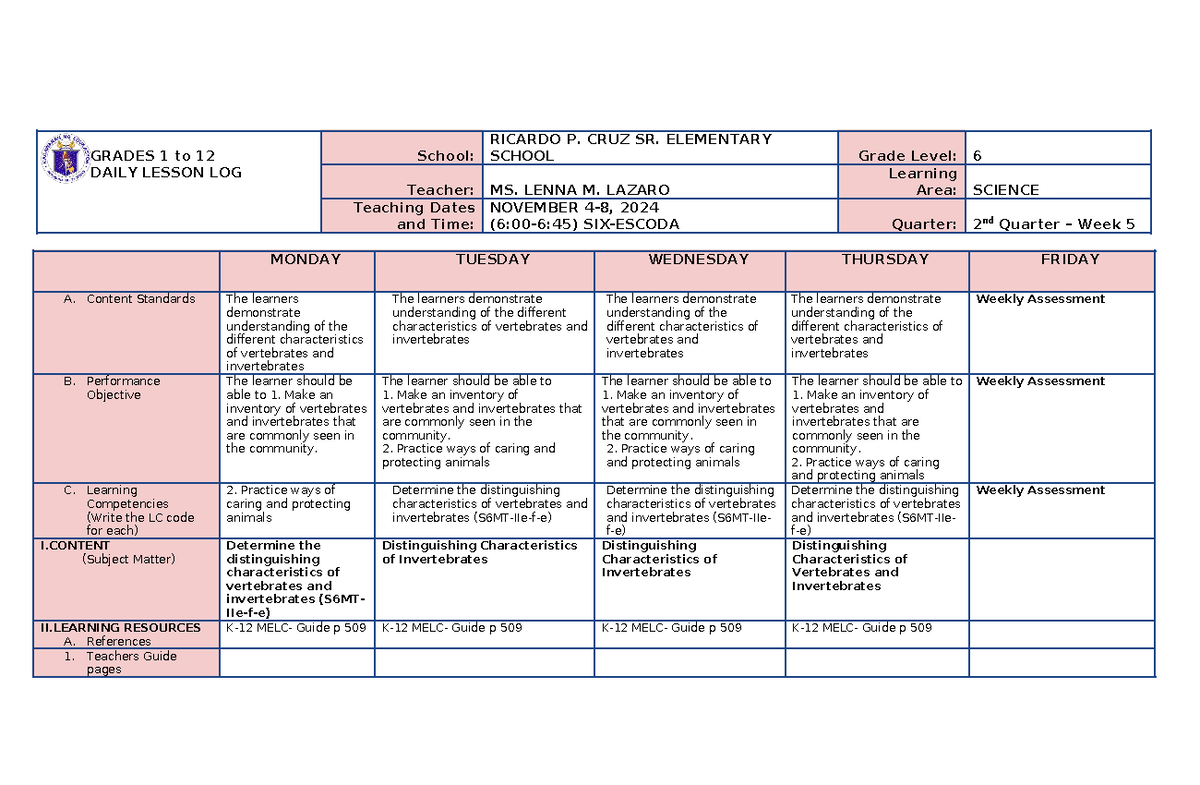 Science 6 Q2 W5 - Daily Lesson Log on Vertebrates & Invertebrates - Studocu