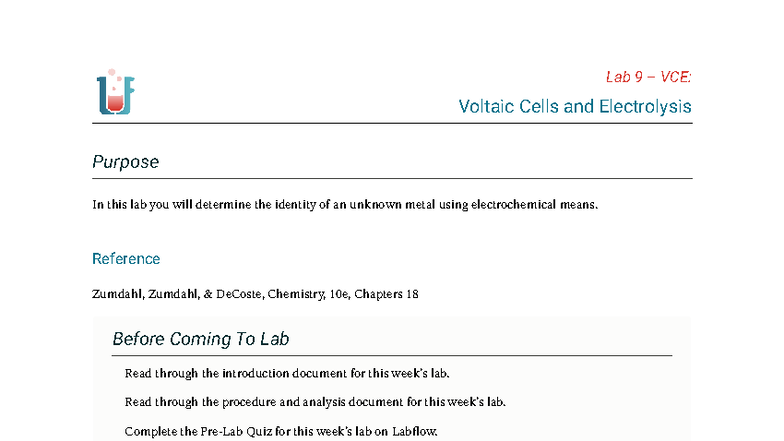 Lab 9 VCE: Exploring Voltaic Cells & Electrolysis Techniques - Studocu