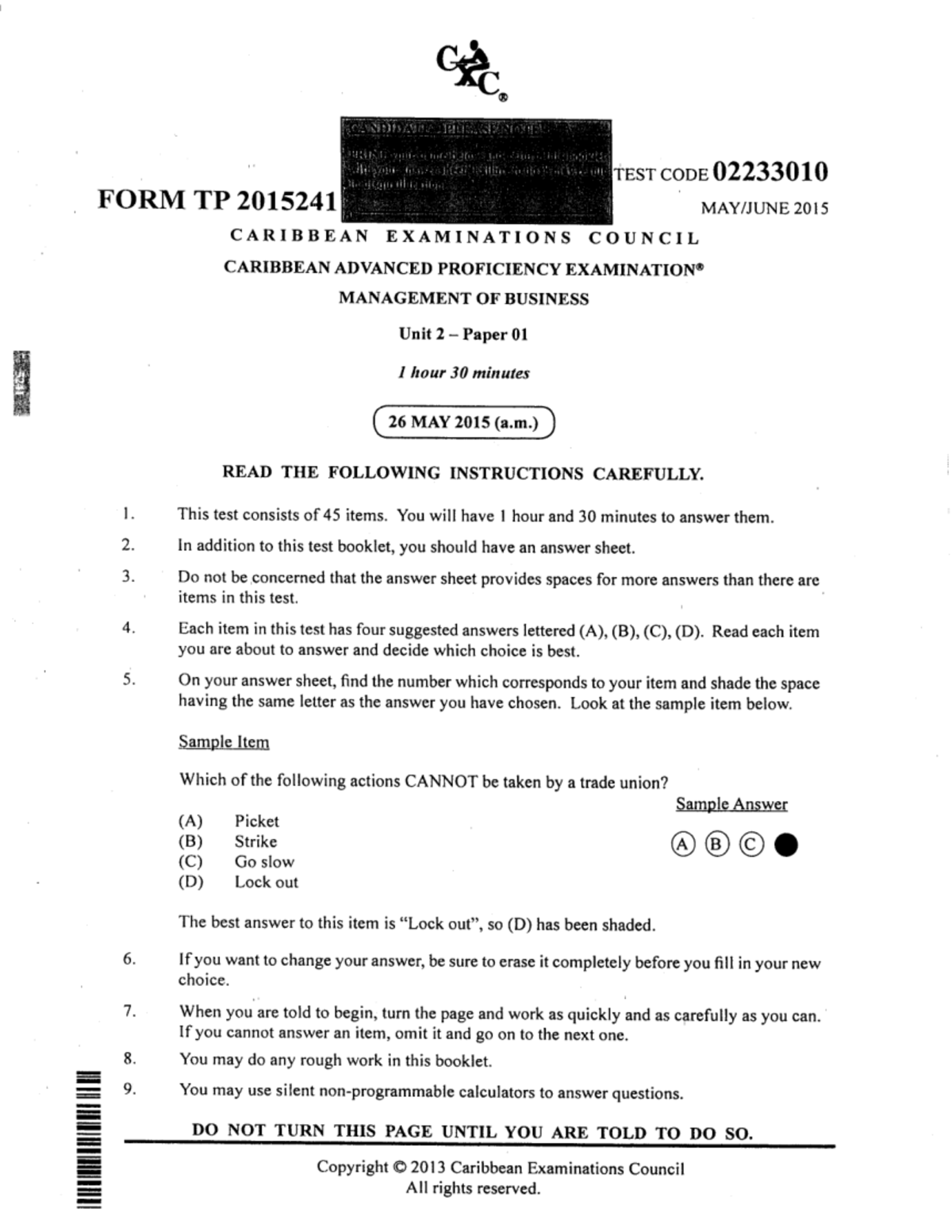 2015 CAPE MOB Paper 1 Past Exam Questions and Instructions - Studocu