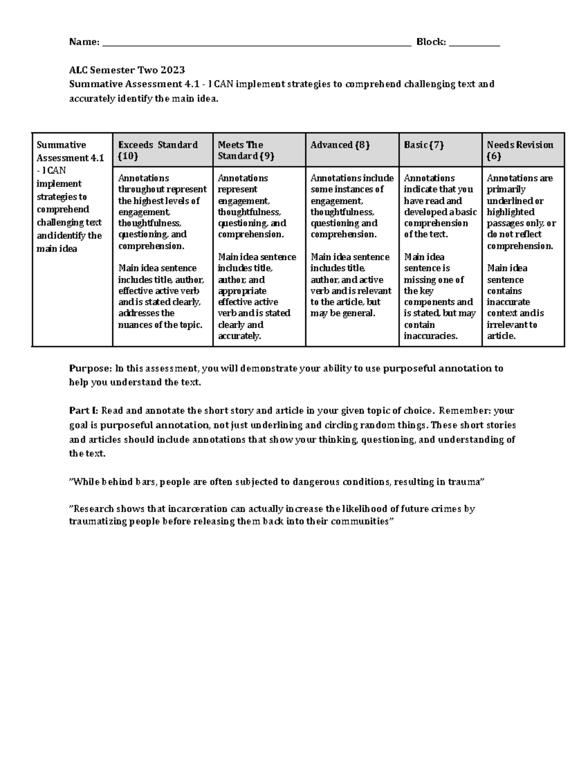 Copy of ALC 4.1 Annotation-Main Idea 2023-2024 - Name: - Studocu