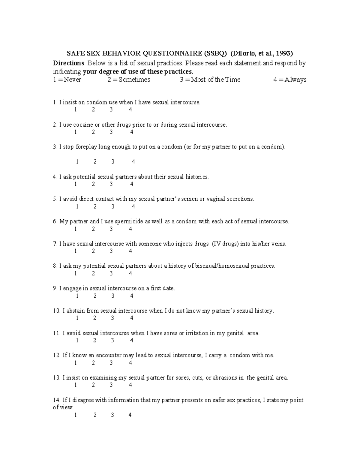 SSBQ - Safe Sex Behavior Questionnaire Items and Responses - Studocu