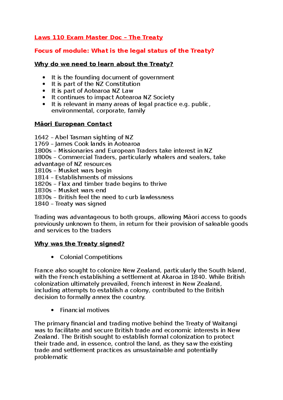 Laws 110 Final Exam Study Guide: The Treaty of Waitangi Explained - Studocu