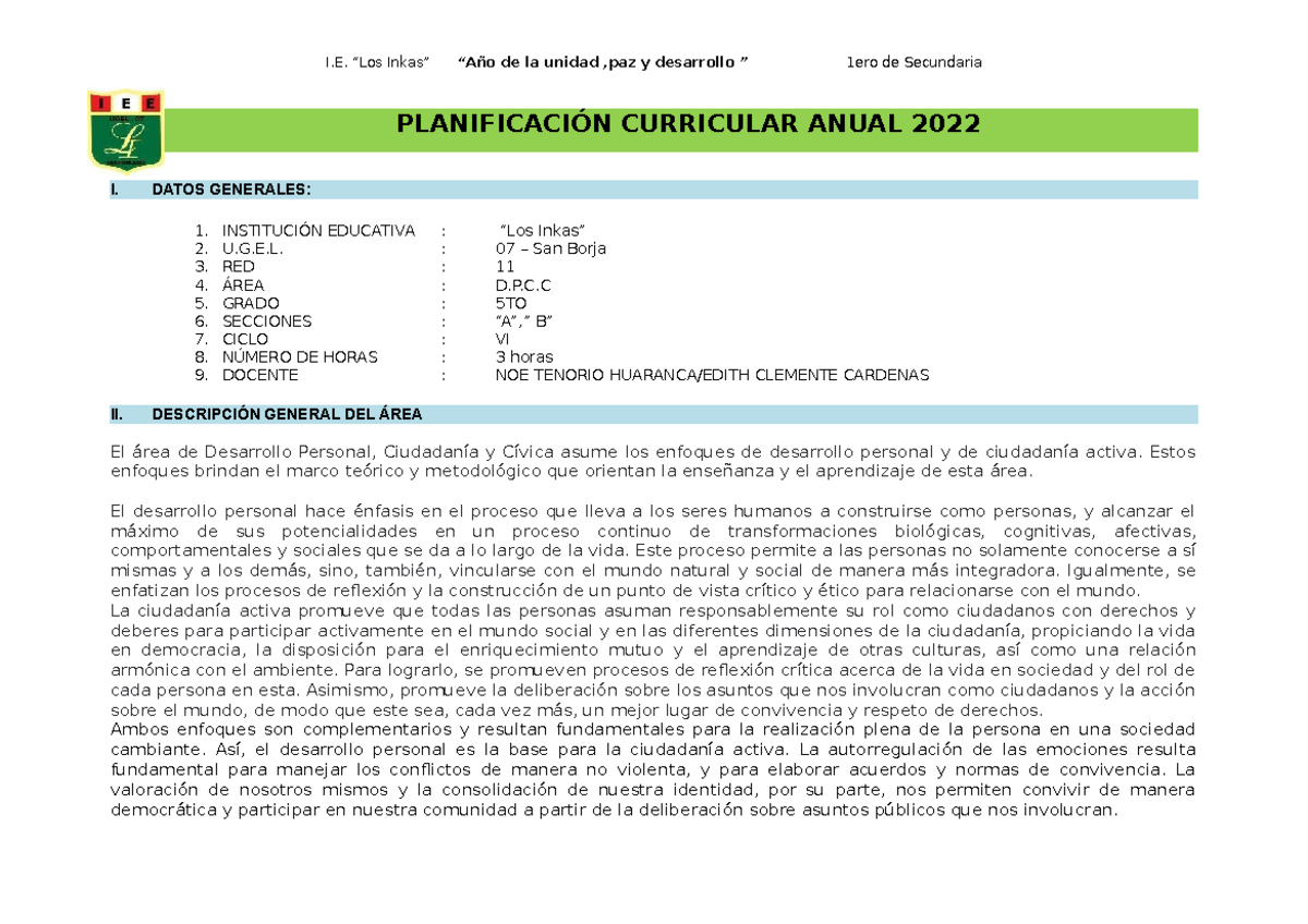 Planificación Curricular Anual-5TO - PLANIFICACIÓN CURRICULAR ANUAL 2022 I. DATOS GENERALES ...