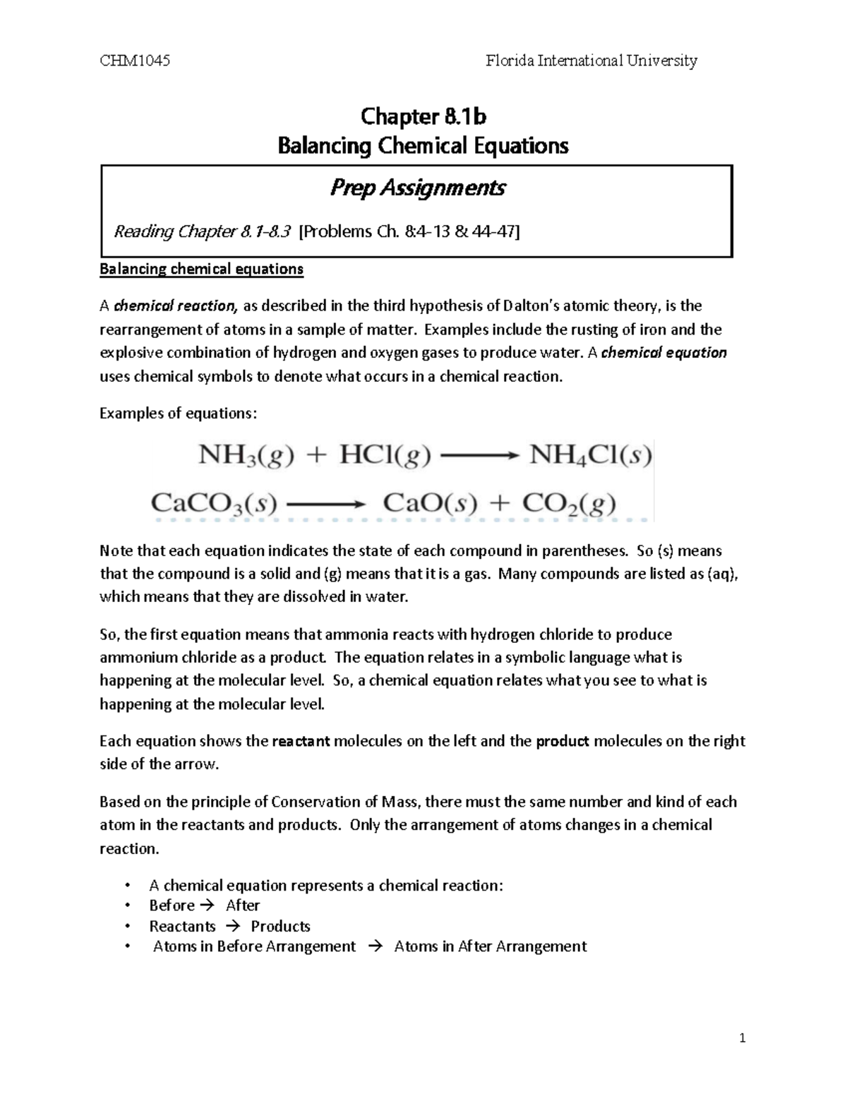 CHM1045 FIU Chapter 8.1b Balancing Chemical Equations Worksheet - Studocu