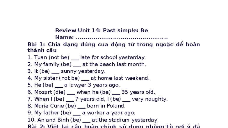 Tài liệu ôn tập: Thì quá khứ đơn với "Be" - Unit 14 - Studocu