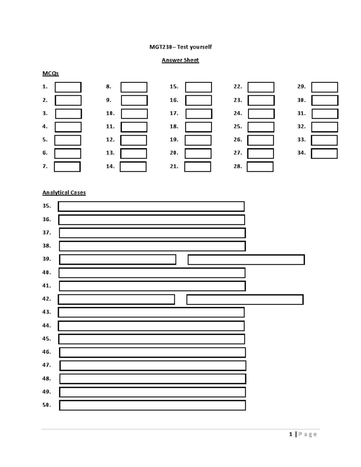 MGT230 - Test Yourself: MCQs and Analytical Cases Answer Sheet - Studocu
