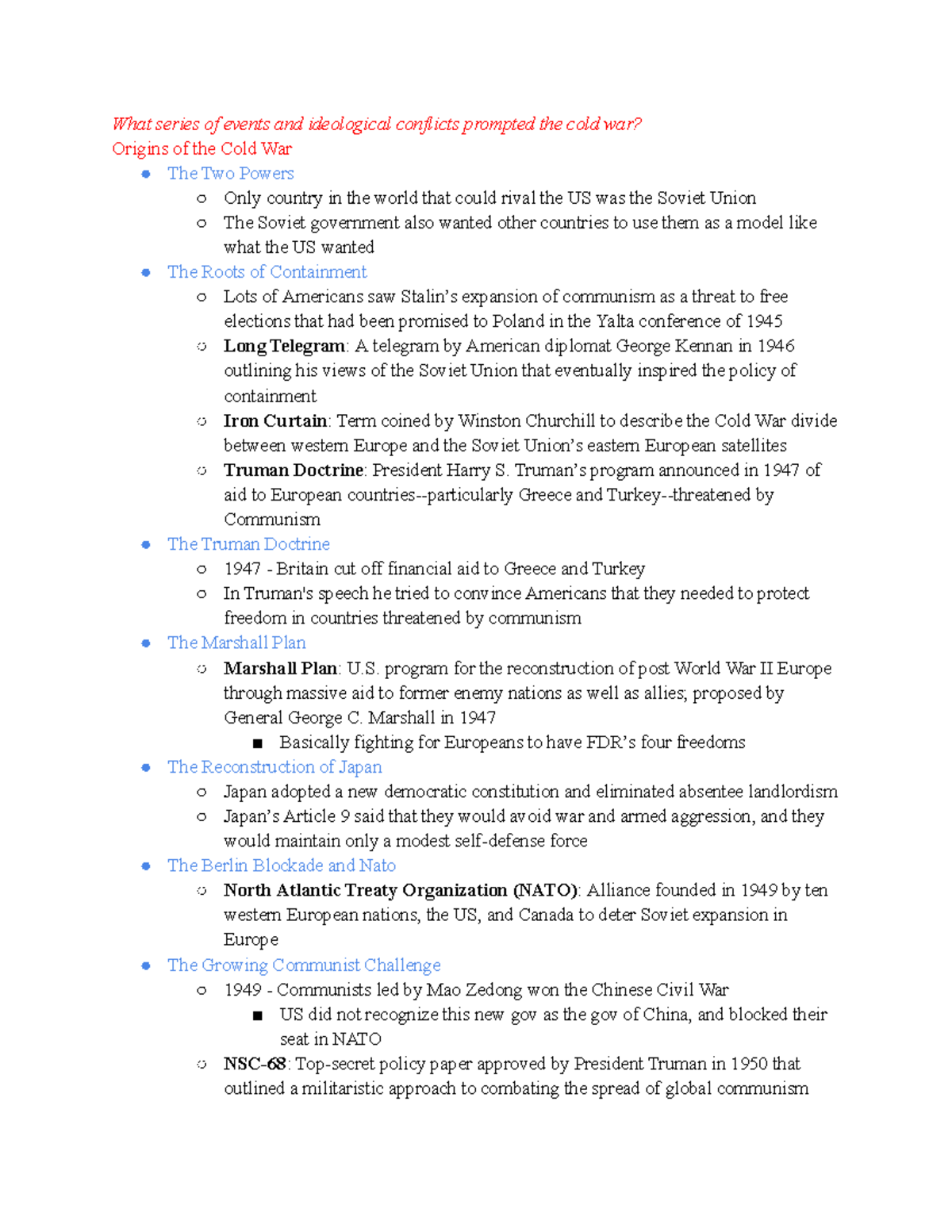 APUSH - Cold War Origins and Impacts: Chapter 23 Notes - Studocu