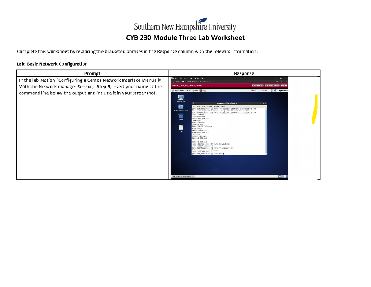 CYB-230 Module 3 Lab Worksheet: Network Configuration & Security - Studocu