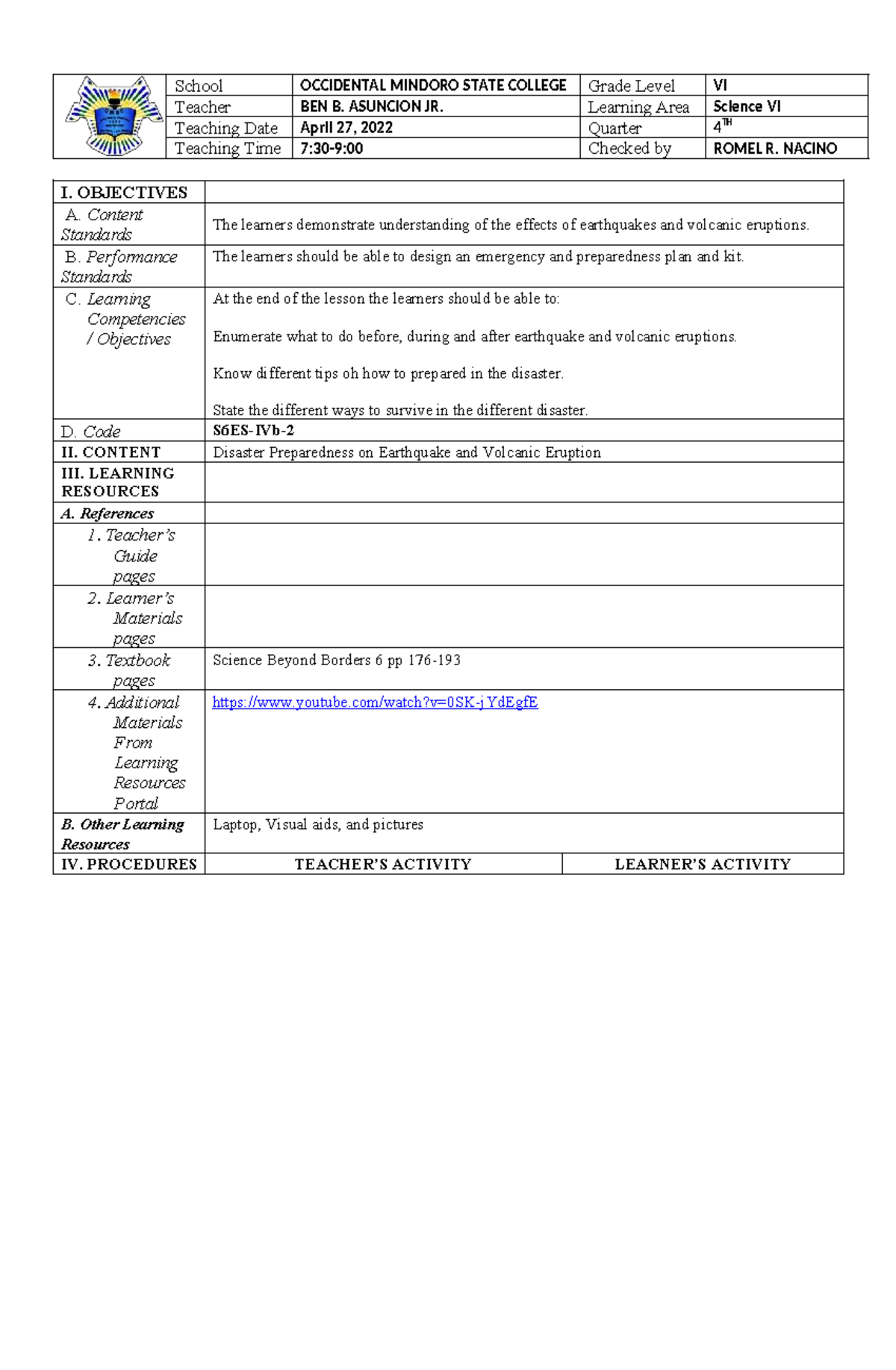 Detailed Lesson Plan in Science VI: Earthquake & Volcanic Eruption ...