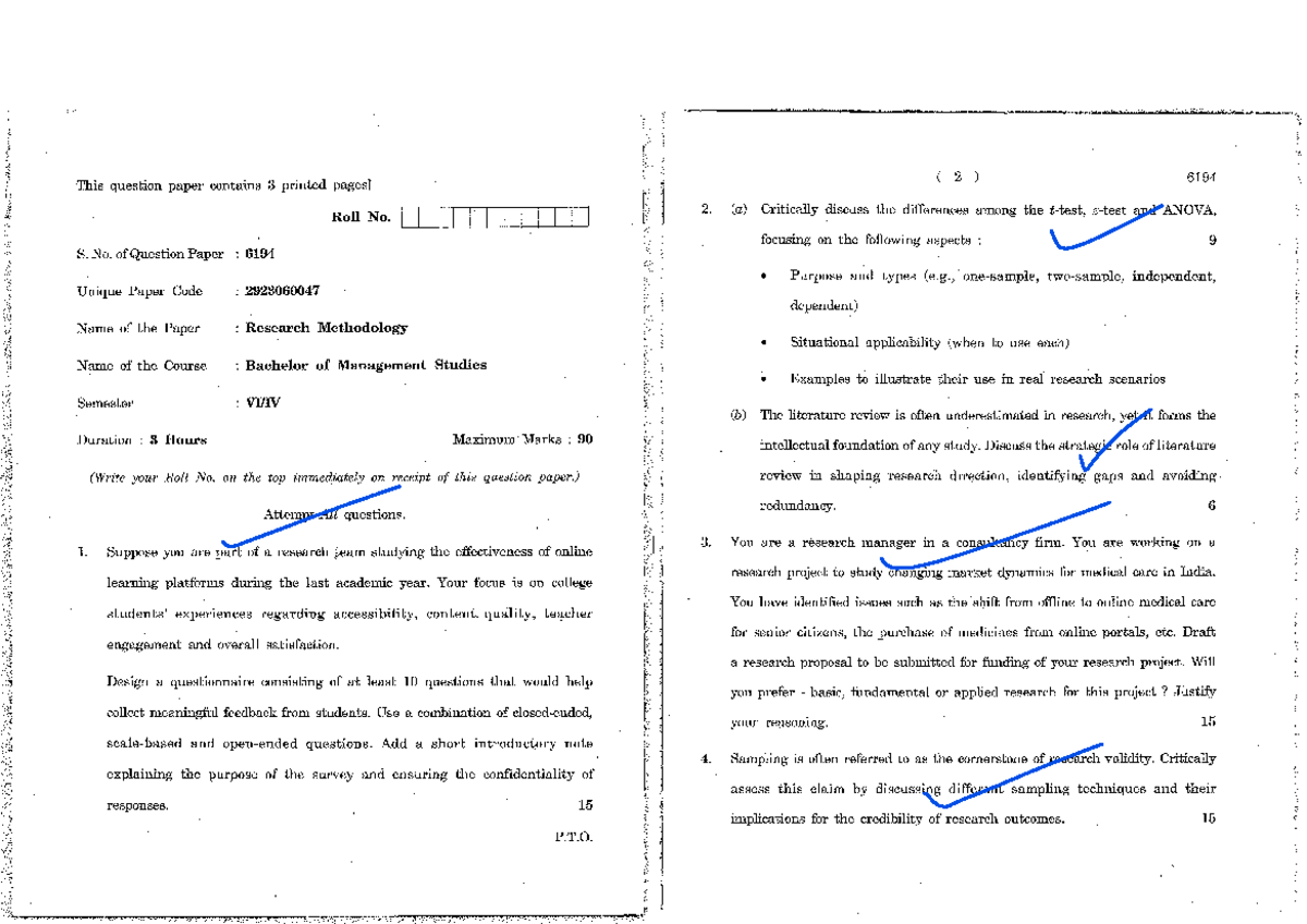 Research Methodology (BMS 2025) Final Exam Question Paper - Studocu