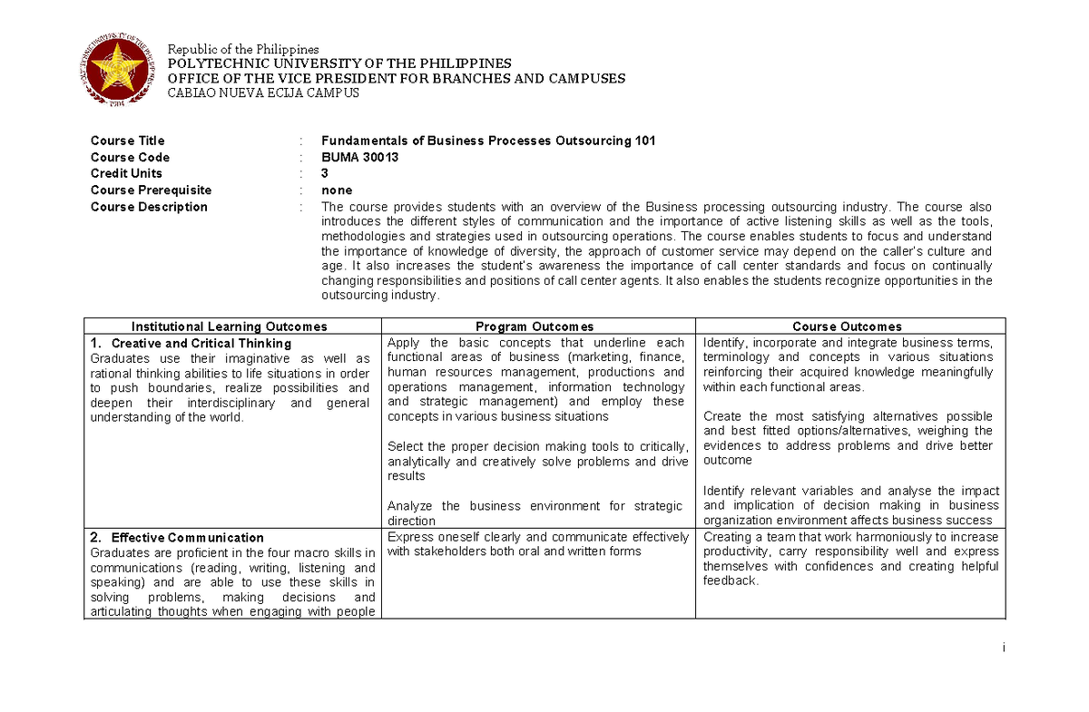 BUMA 30013 Fundamentals of BPO 101 Instructional Material - POLYTECHNIC ...