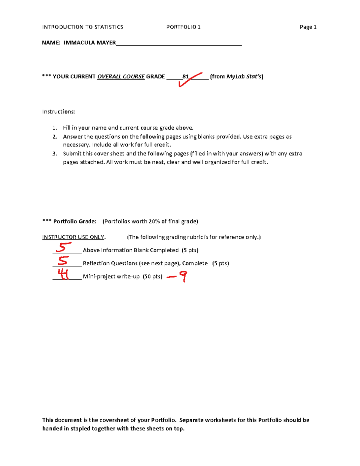 Graded Intro Stats Portfolio 1 Coversheet 202210 [Complete] - Studocu