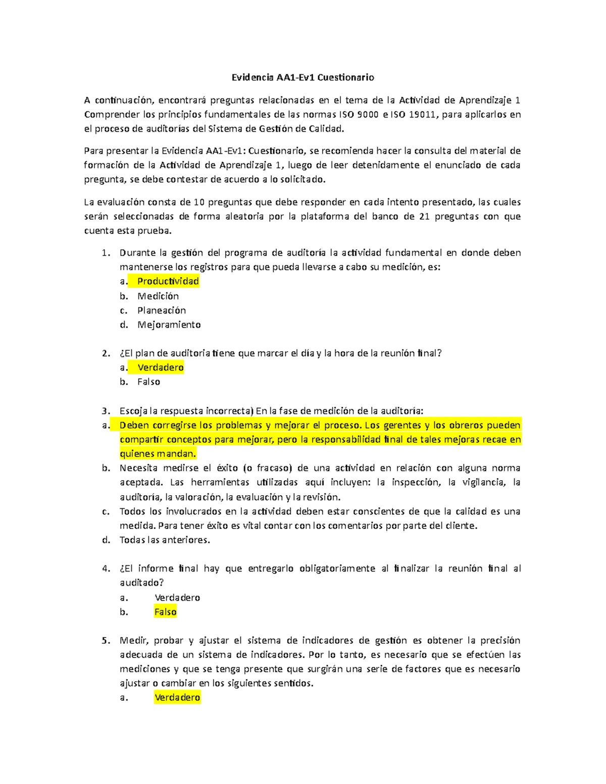 Evidencia AA4-Ev1: Cuestionario sobre Auditoría Interna - Studocu