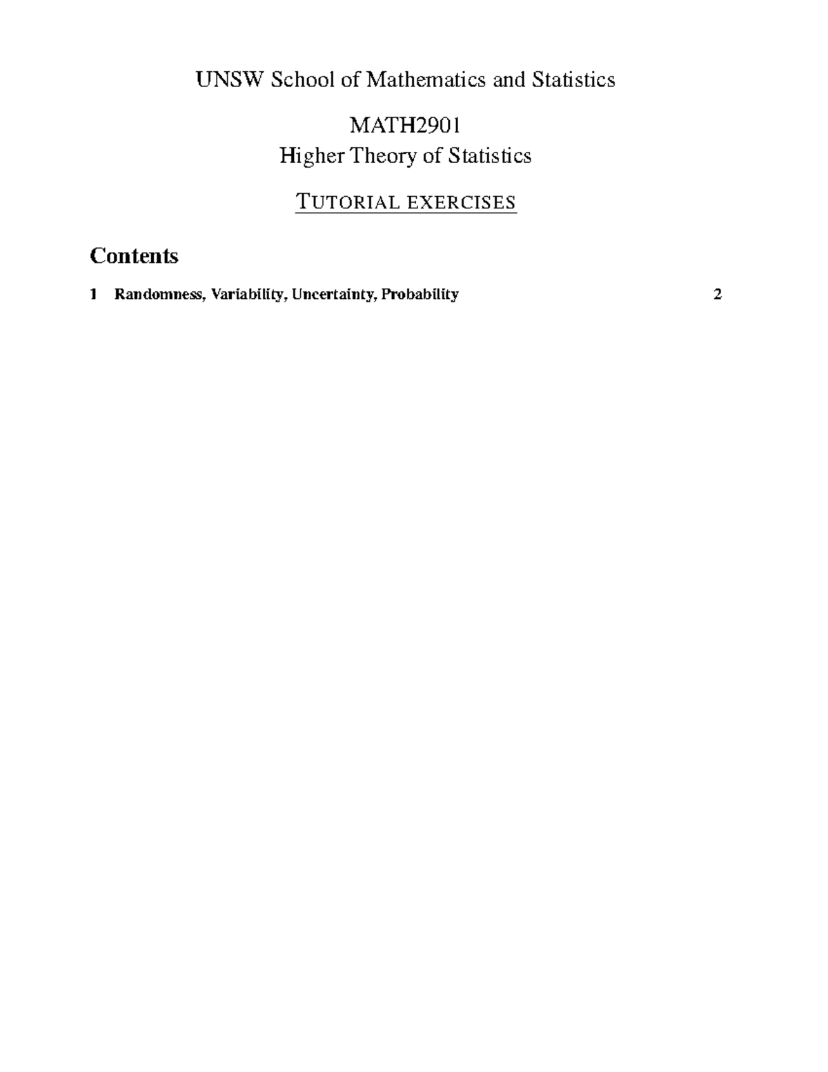 MATH2901 Higher Theory of Statistics T Tutorial Exercises & Practice ...