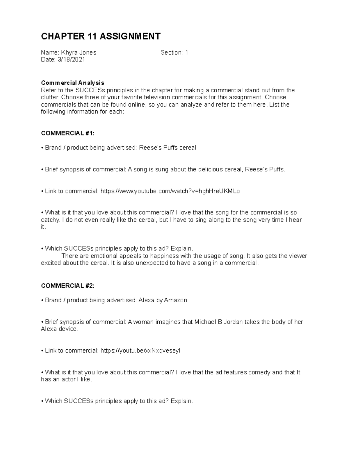 Chapter 11 Assignment - CHAPTER 11 ASSIGNMENT Name: Khyra Jones Section: 1 Date: 3/18 ...