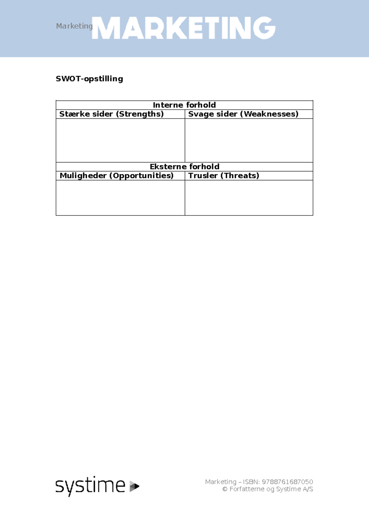 SWOT-opstilling - SWOT - Afsætning - Marketing SWOT-opstilling Interne ...