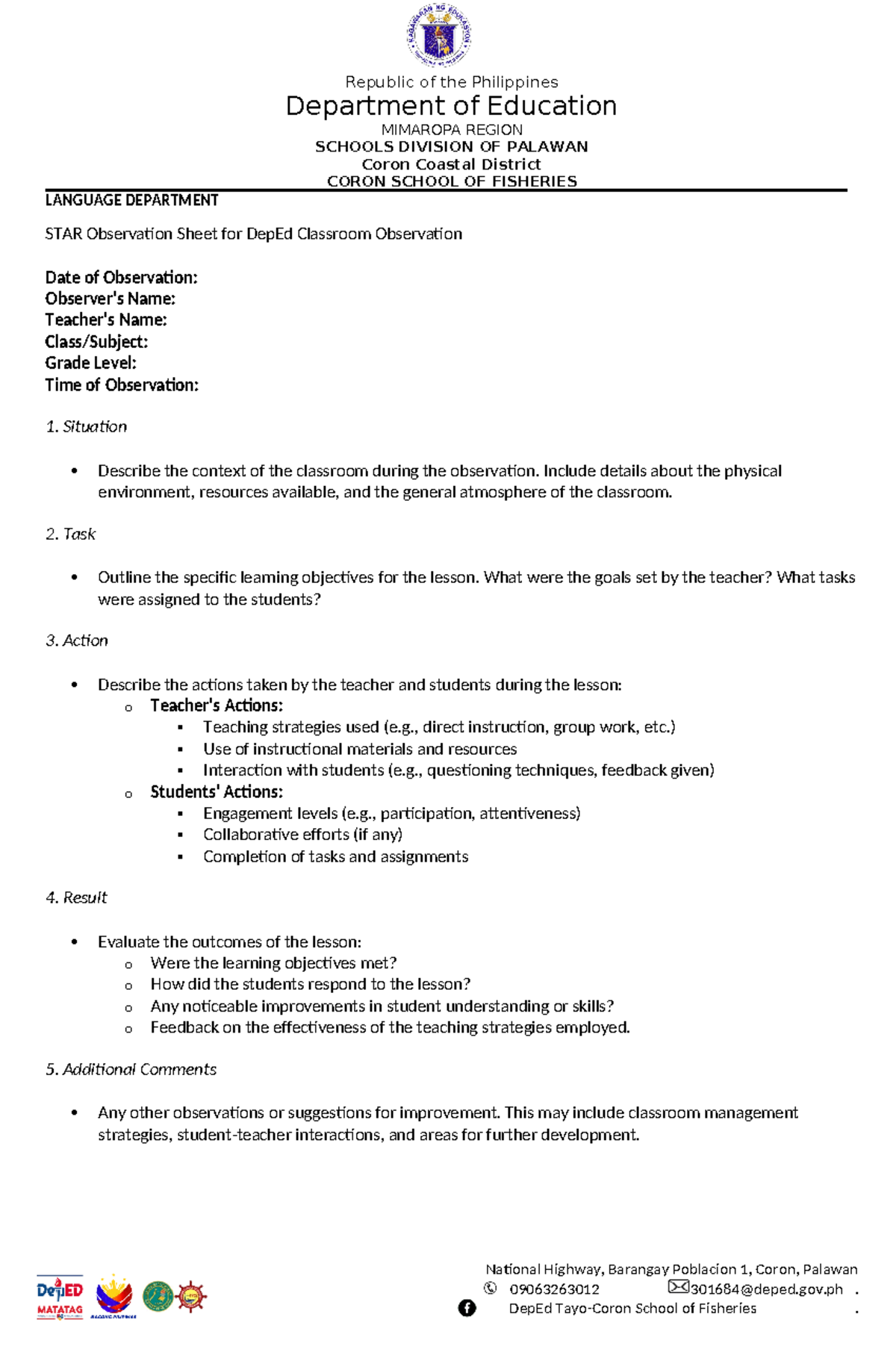 STAR Classroom Observation Sheet for DepEd - Updated Version - Studocu