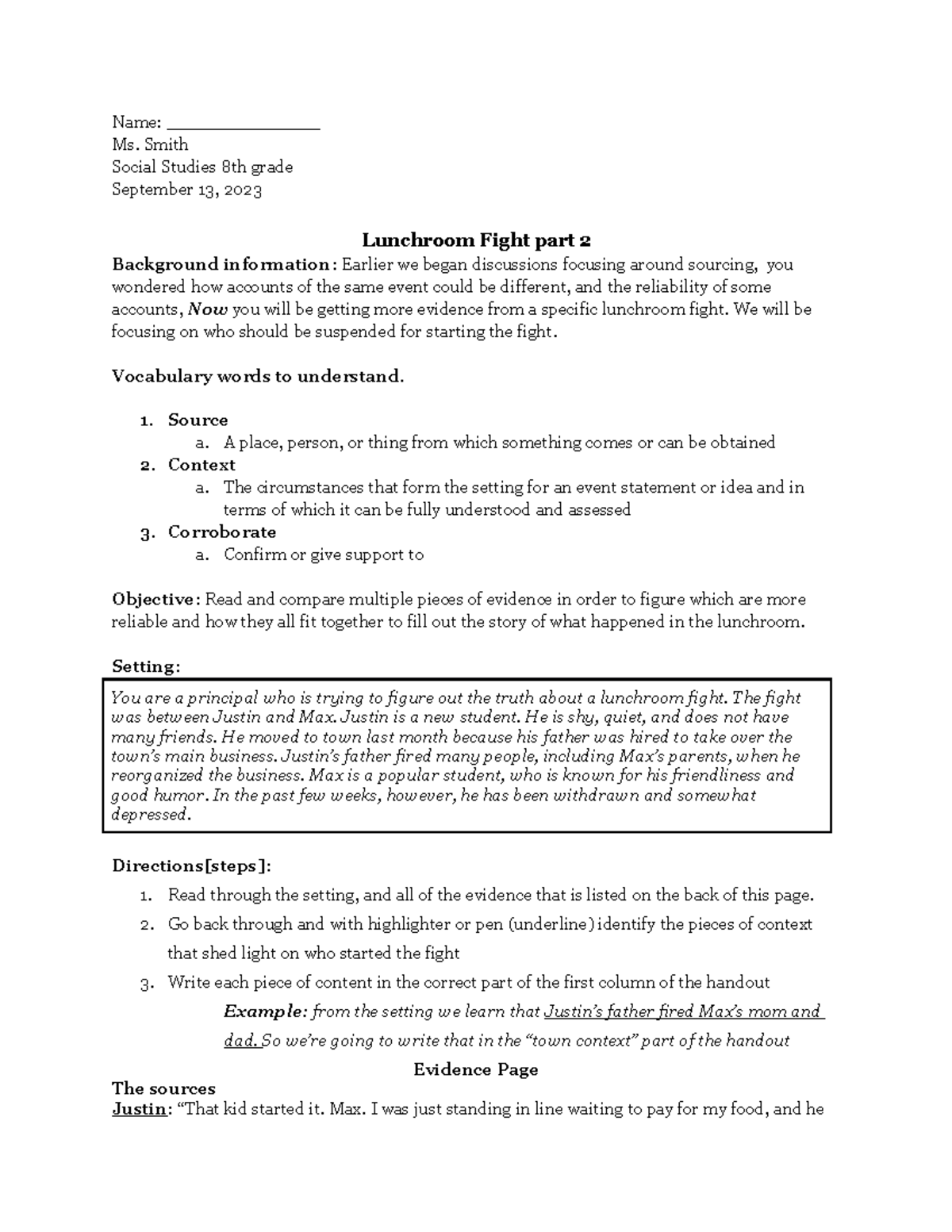Lunchroom fight#2 2021 - Name: ______________ Ms. Smith Social Studies ...