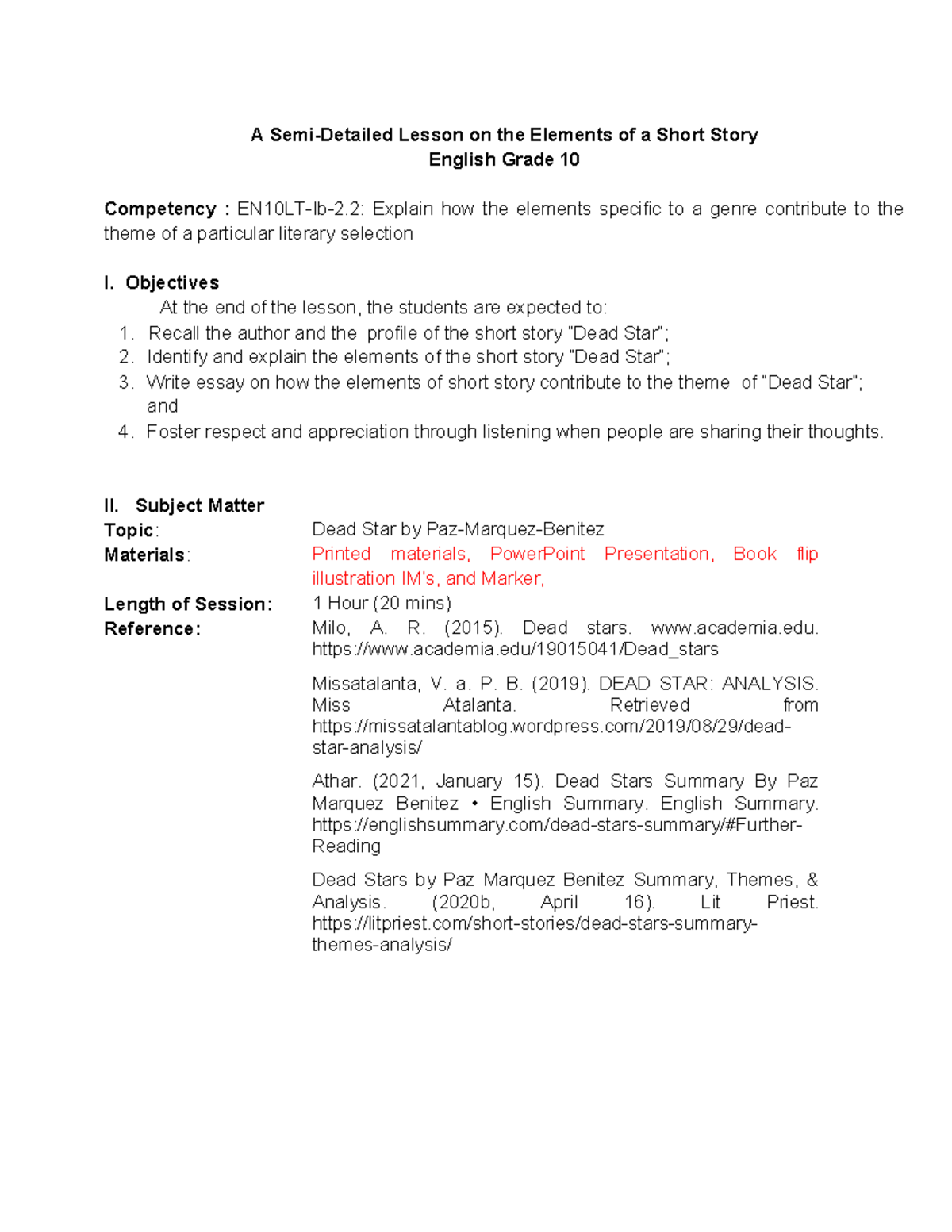 Final ENGL 2105 Lesson Plan: Elements of a Short Story - Studocu