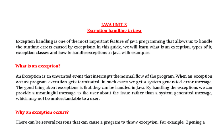 JAVA UNIT 3: Exception Handling Concepts and Examples - Studocu