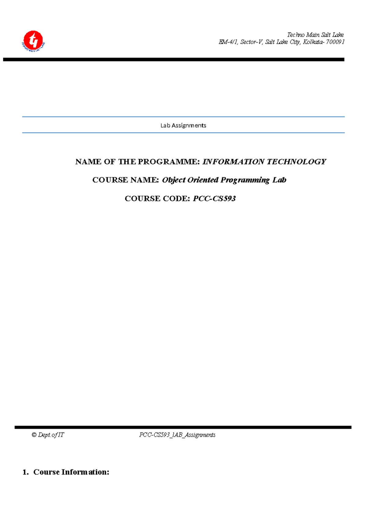 PCC-CS593 Object Oriented Programming Lab Assignments 2025-26 - Studocu