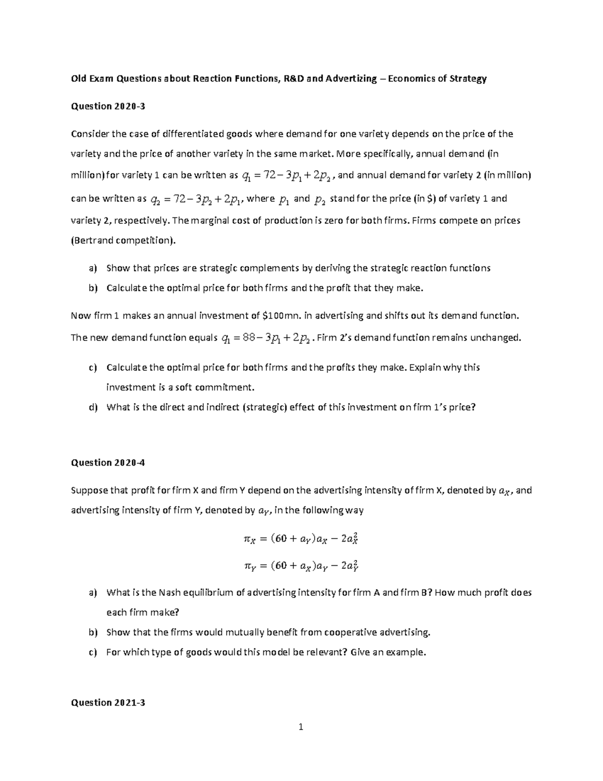 Exam Training 2025-2Q: Reaction Functions & Advertising Economics ...