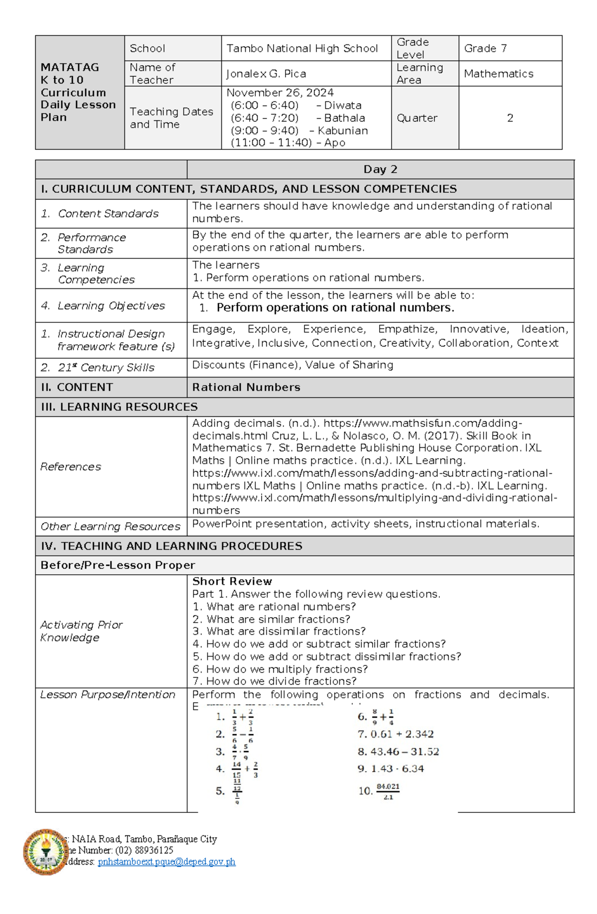 MATATAG K to 10 Grade 7 Math Lesson Plan W2D2: Rational Numbers - Studocu