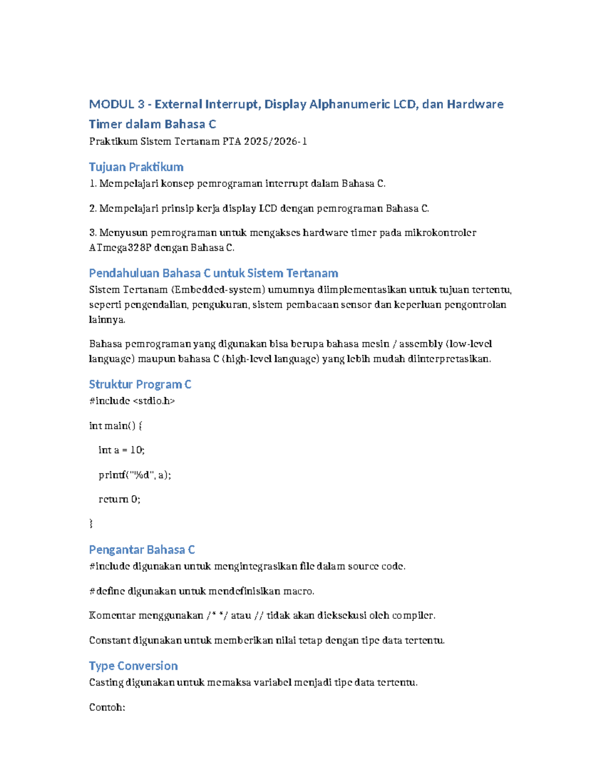 Modul 3: Interrupt, LCD Display, dan Timer dalam C - Praktikum Sistem Tertanam - Studocu
