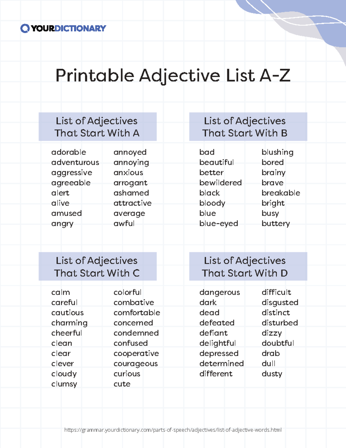 Printable List of Common Adjectives - Studocu