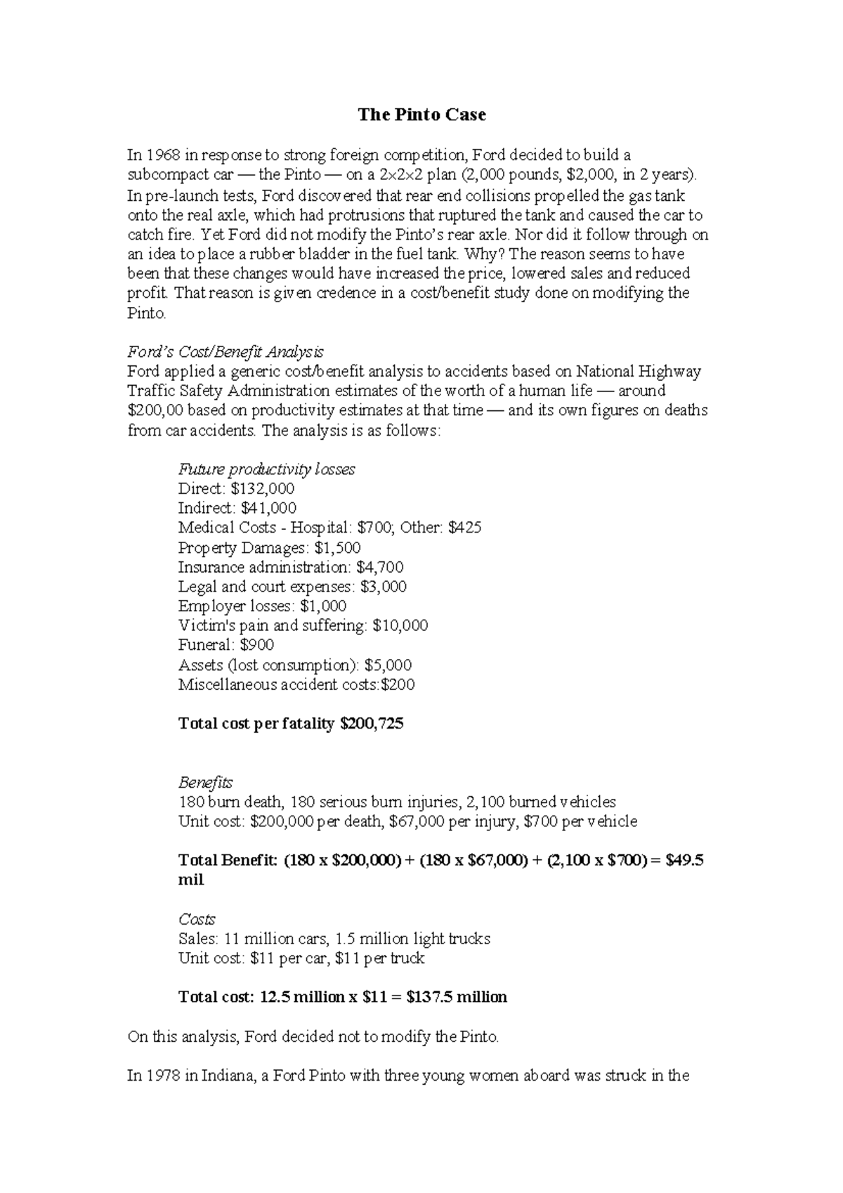 Pinto Case Study: Analyzing Ford's Cost-Benefit Decisions - Studocu
