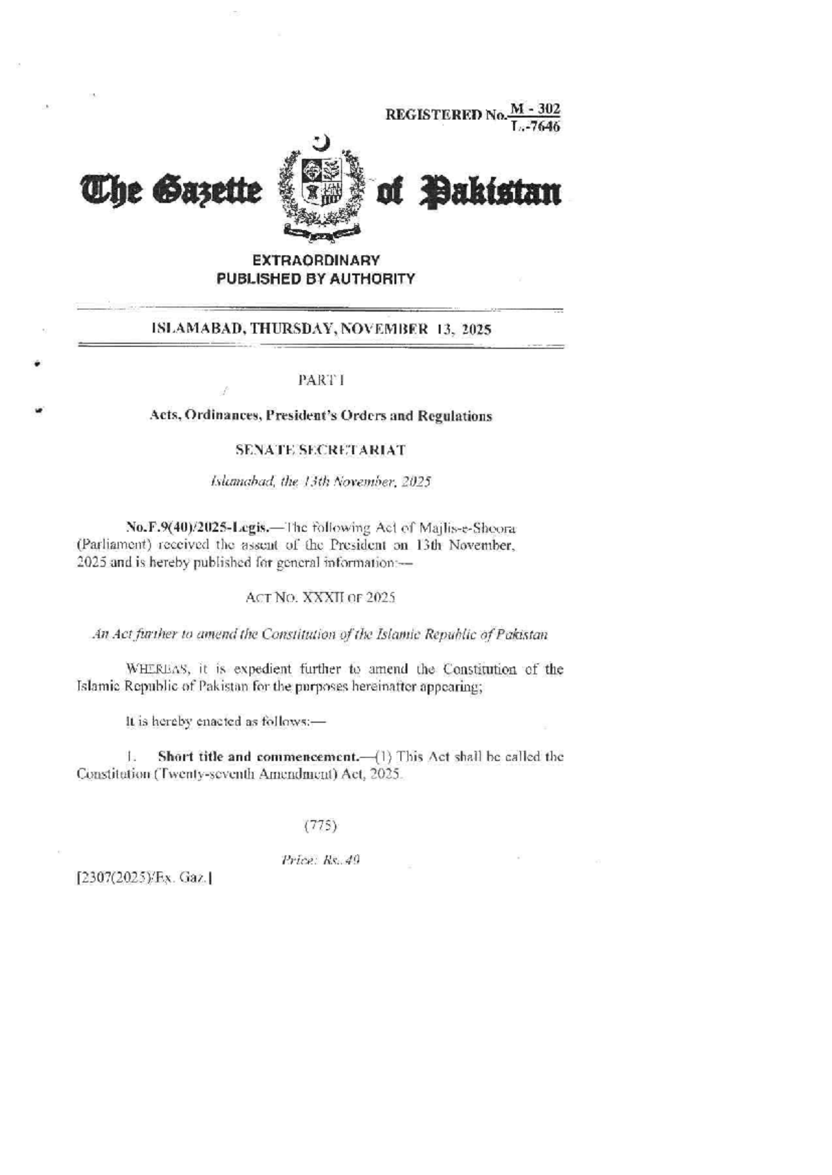 Constitution Amendment Act 2025 - Gazette of Pakistan Notes - Studocu