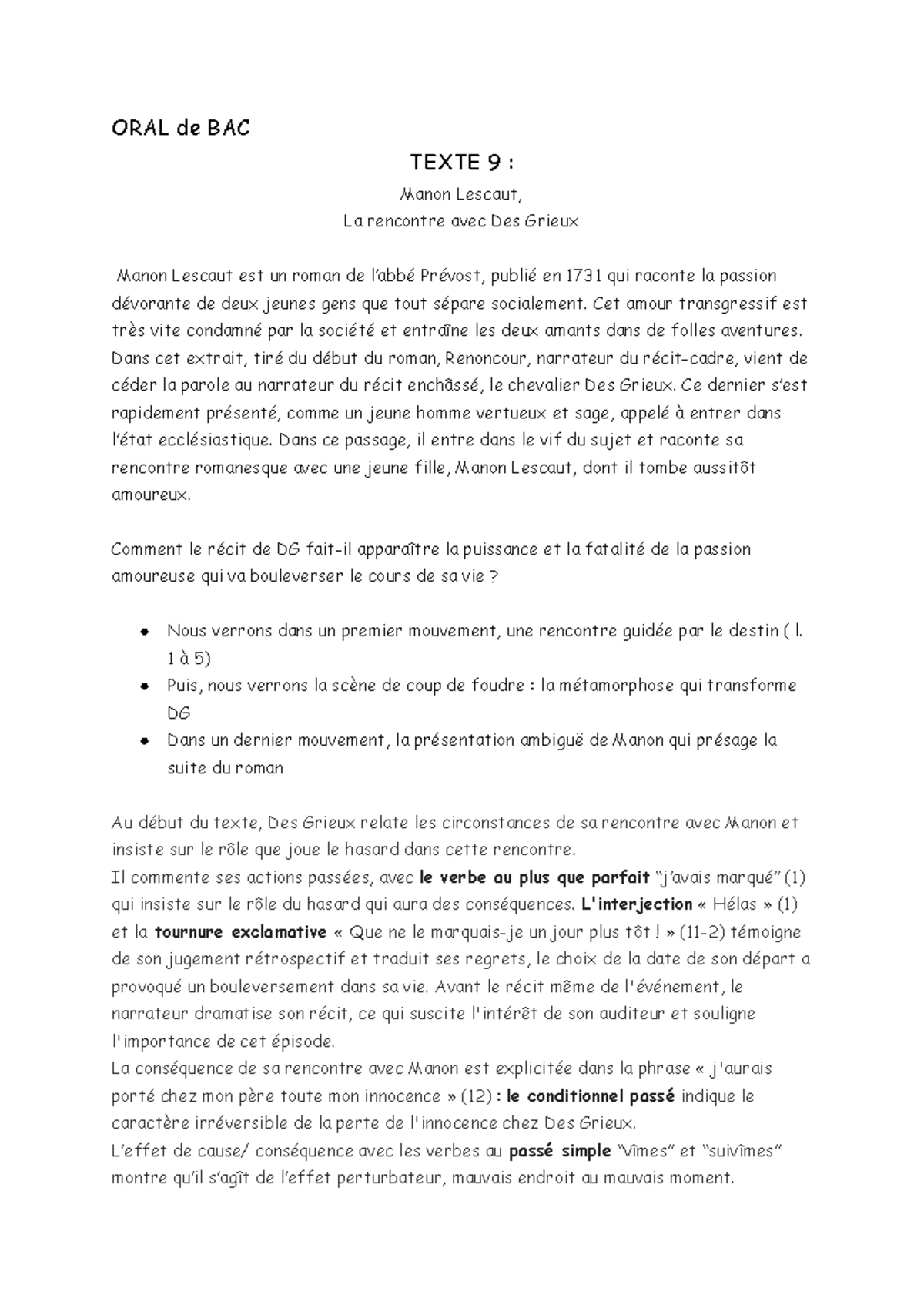 Texte 10 - Analyse linéaire de l’évasion dans Manon Lescaut - Studocu