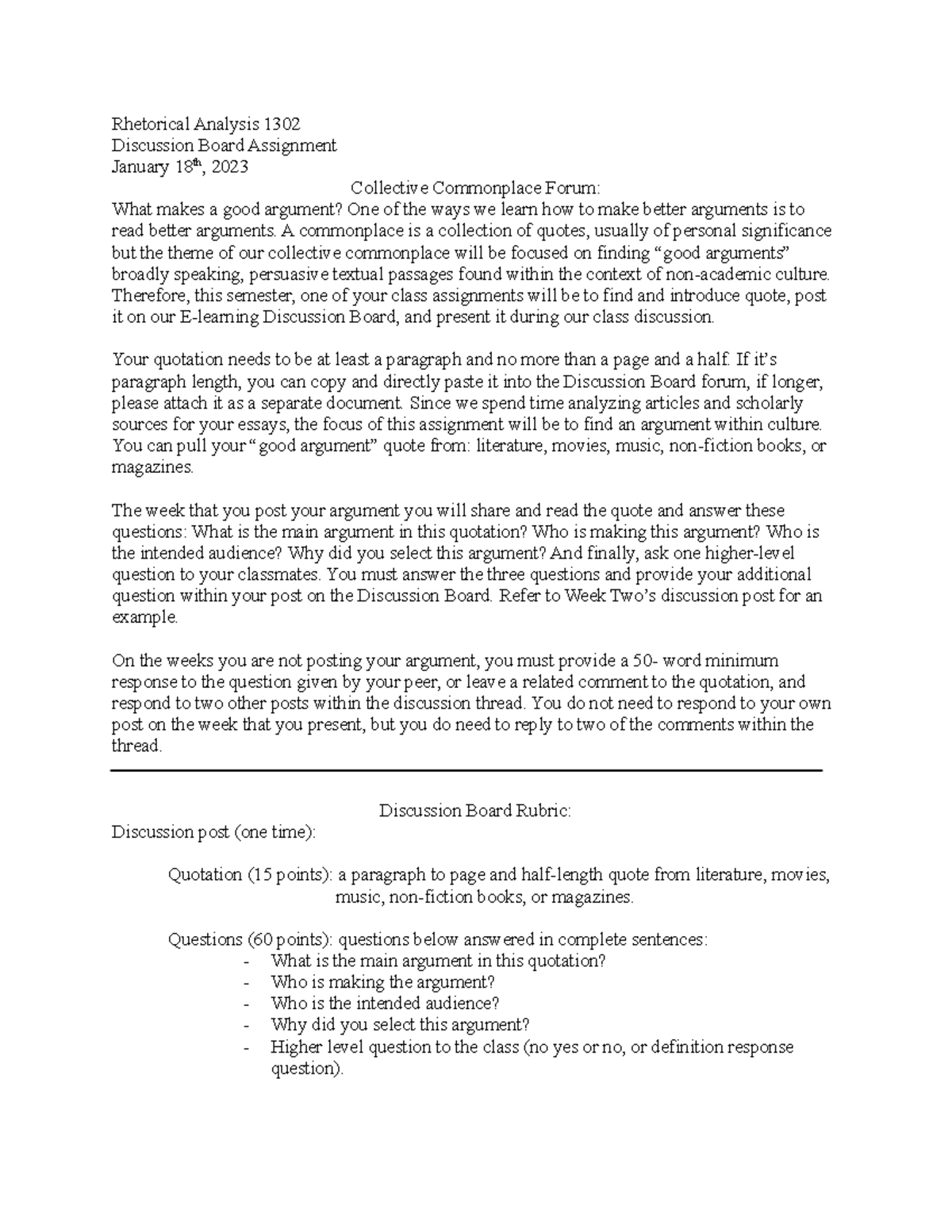 Rhetorical Analysis 1302: Discussion Board Assignment Instructions ...