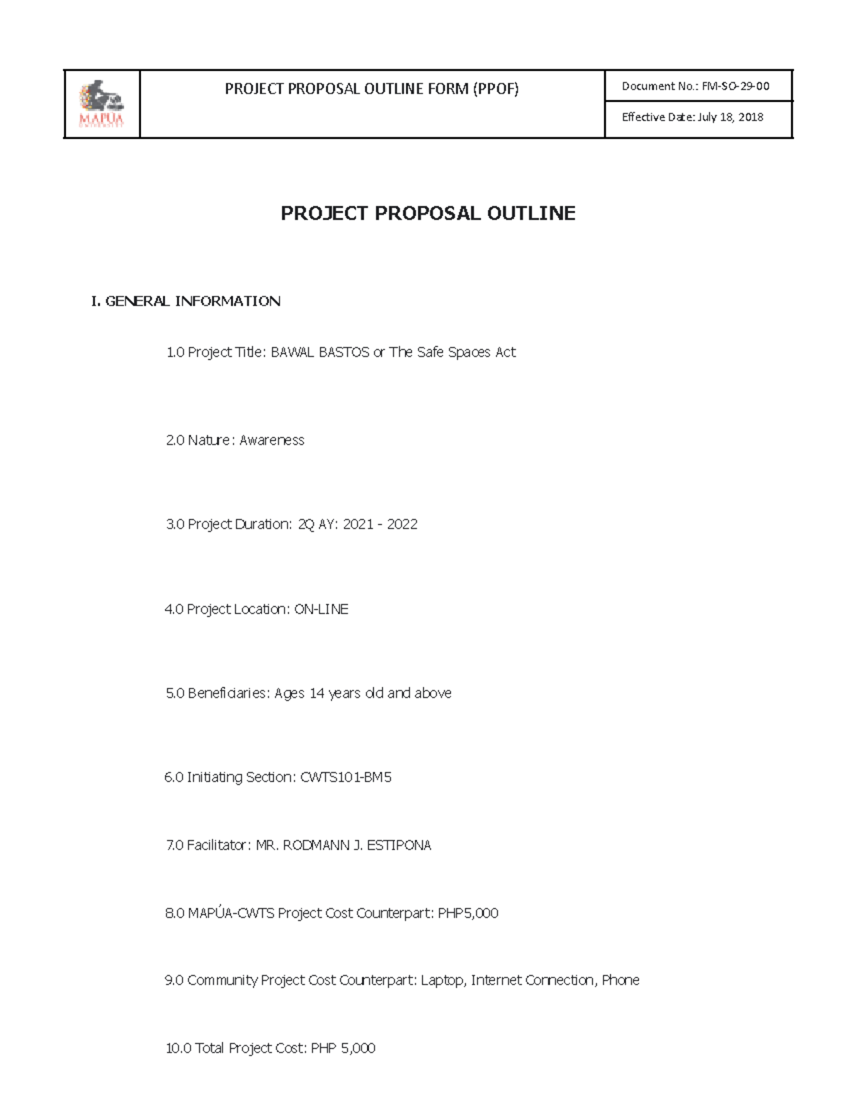 CWTS 2 Project Proposal: Bawal Bastos & Safe Spaces Act Awareness - Studocu