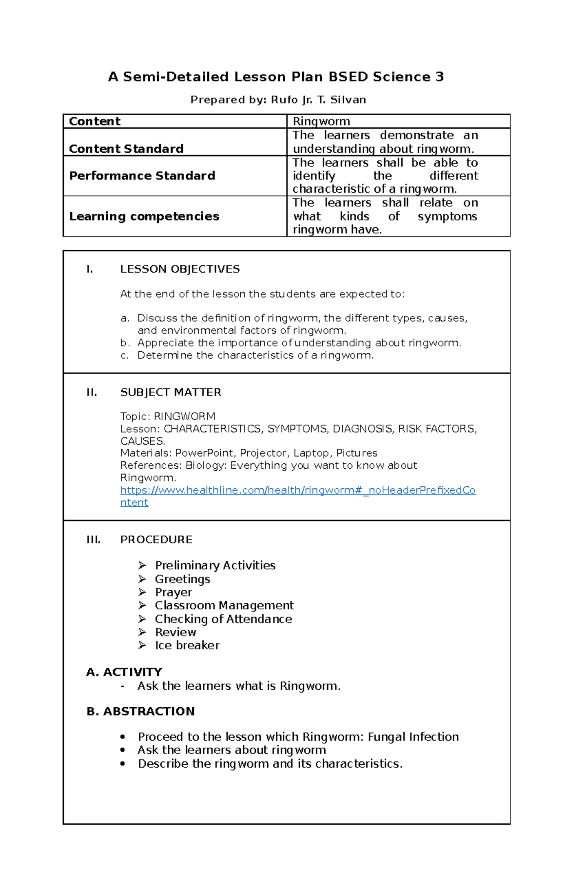 Ringworm Lesson Plan - Detailed Overview for BSED Science 3 - Studocu