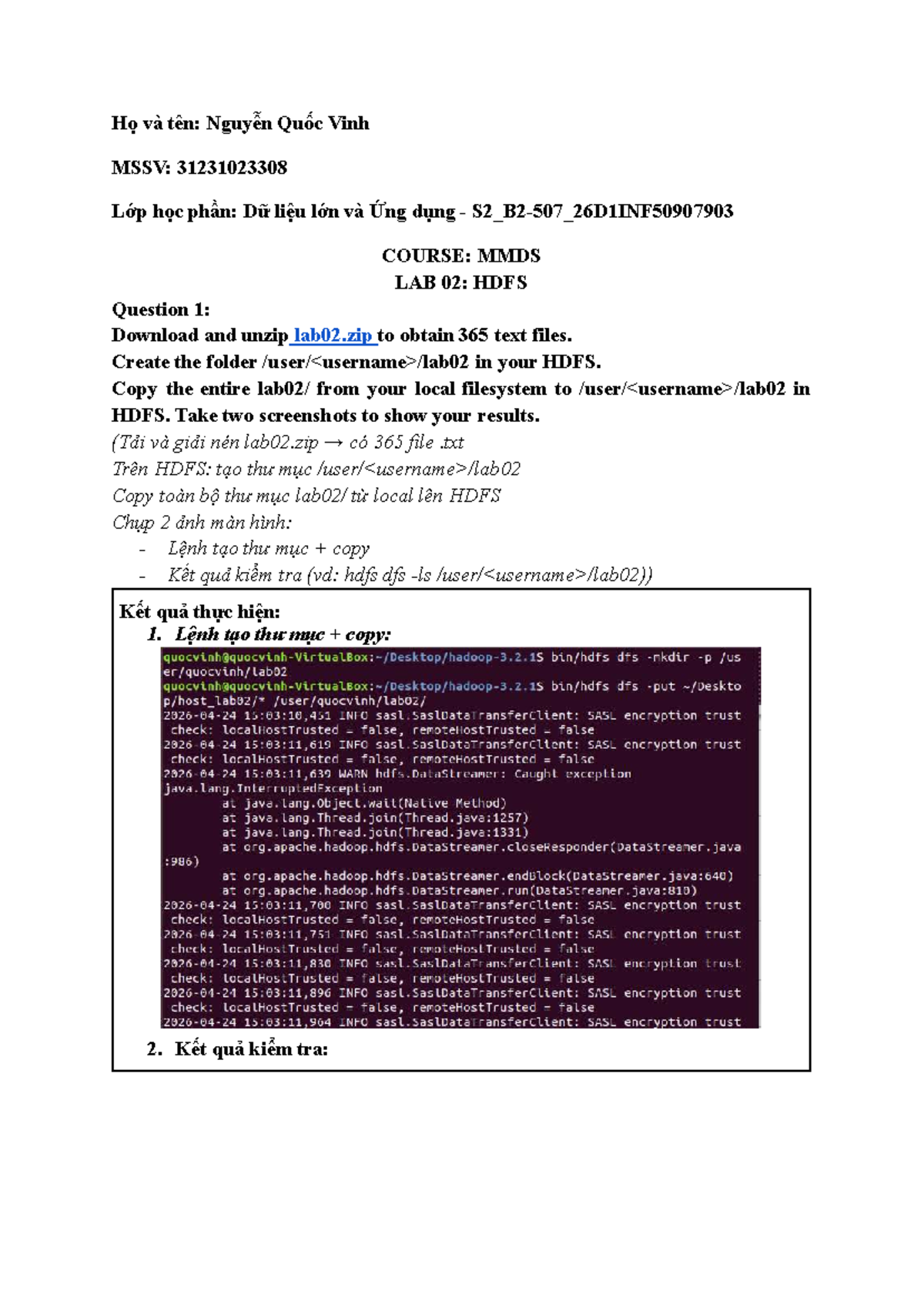 Lab 02: HDFS Operations and Bash Scripting for Big Data (MMDS) - Studocu