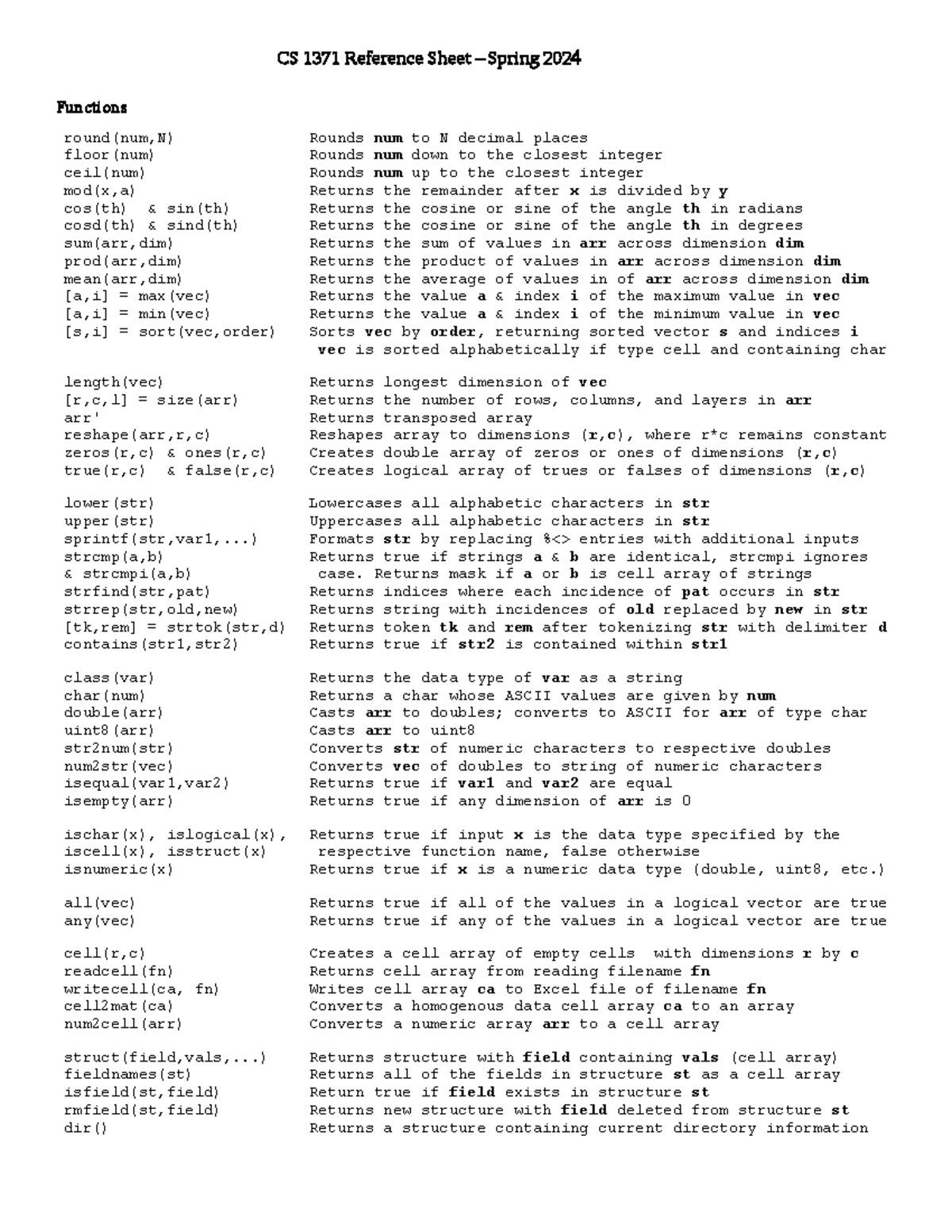CS 1371 Spring 2024 Reference Sheet: Key Functions & Concepts - Studocu
