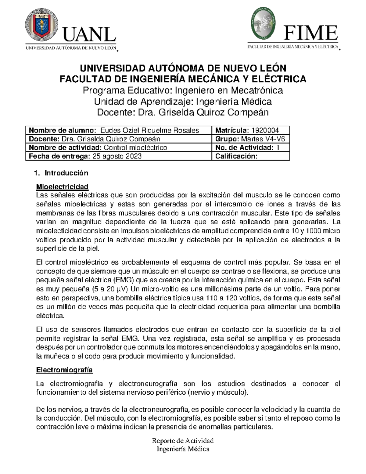 192000 4 A1 - Control Mioeléctrico en Ingeniería Médica: Actividad 1 ...