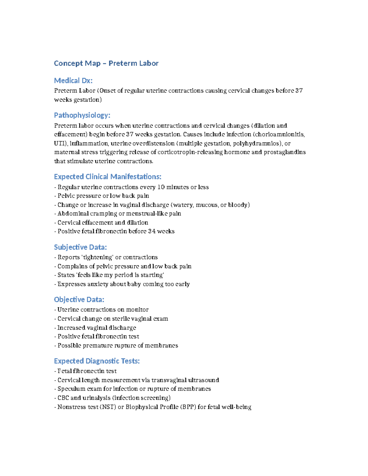 Concept Map: Preterm Labor Medical Dx & Nursing Interventions - Studocu