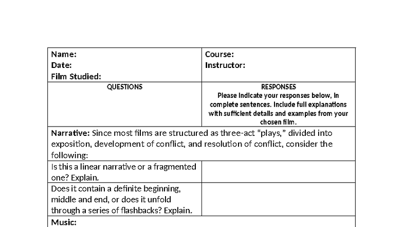 Film Analysis Questions: Structure, Music, Themes & Characters - Studocu