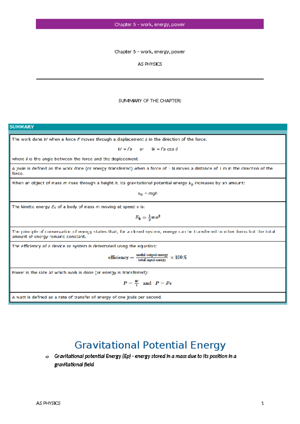 Chapter 5 - Work, Energy & Power Summary for AS Physics - Studocu